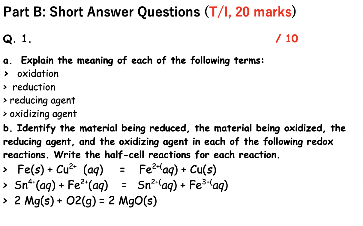 Solved Part B: Short Answer Questions (T/I, 20 | Chegg.com