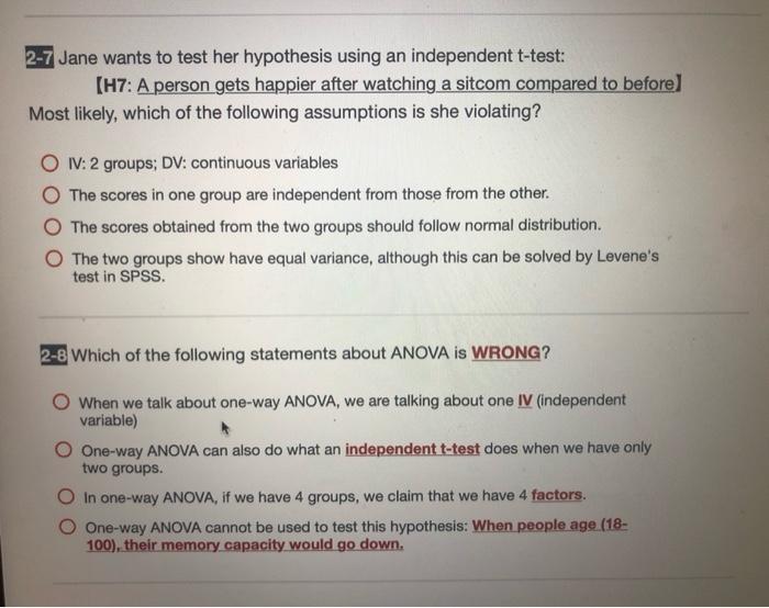 Solved 2-7 Jane wants to test her hypothesis using an | Chegg.com