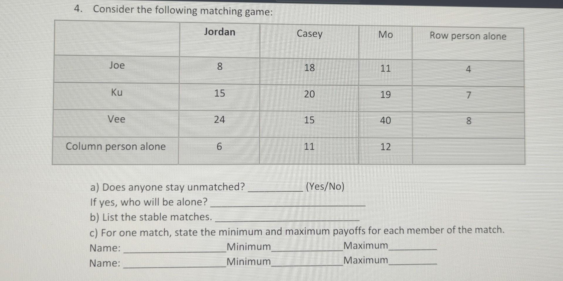 Solved 4. Consider the following matching game: a) Does | Chegg.com