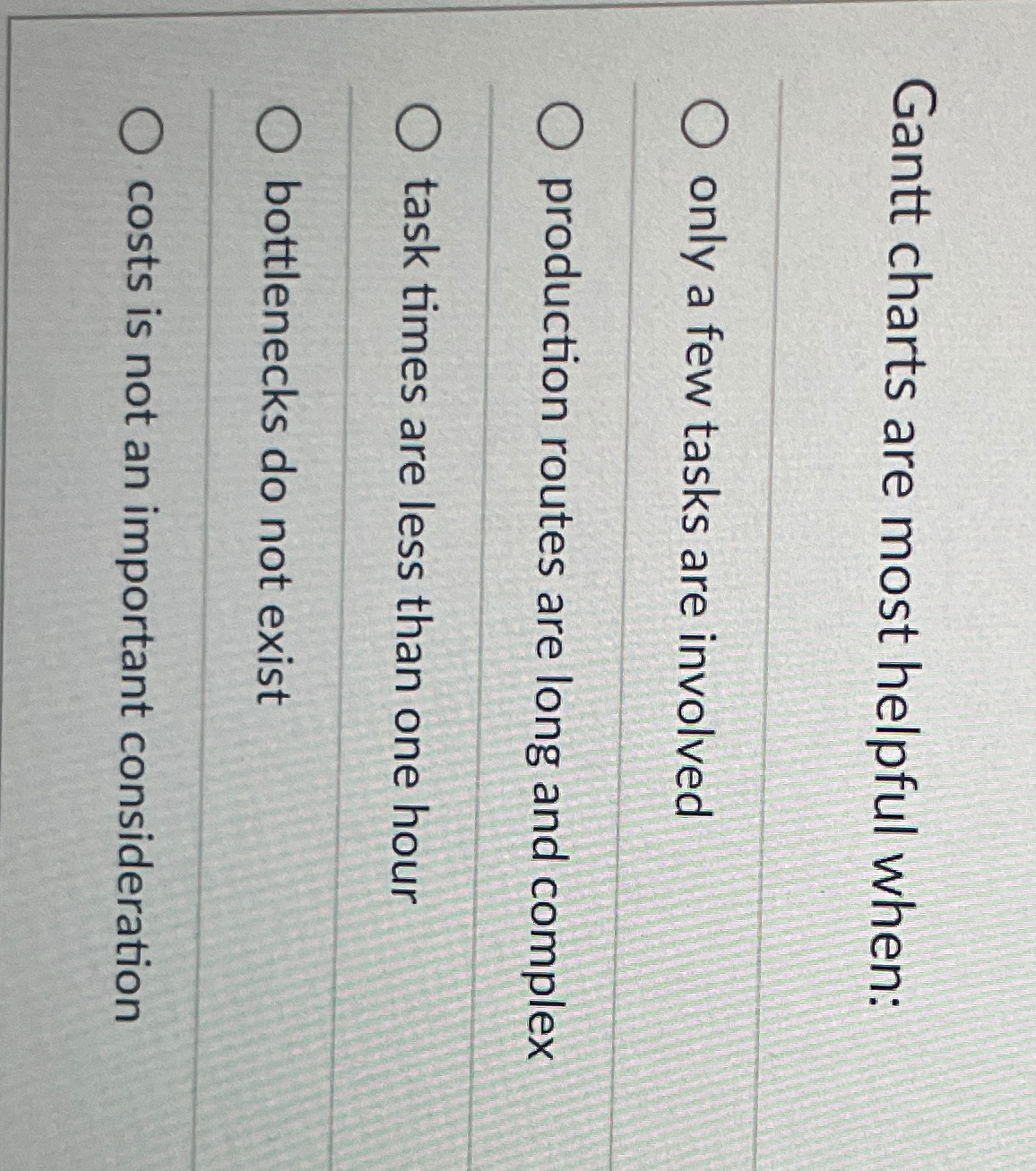 Solved Gantt charts are most helpful when:only a few tasks | Chegg.com