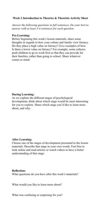 Week 2 Introduction to Theories \& Theorists Activity | Chegg.com