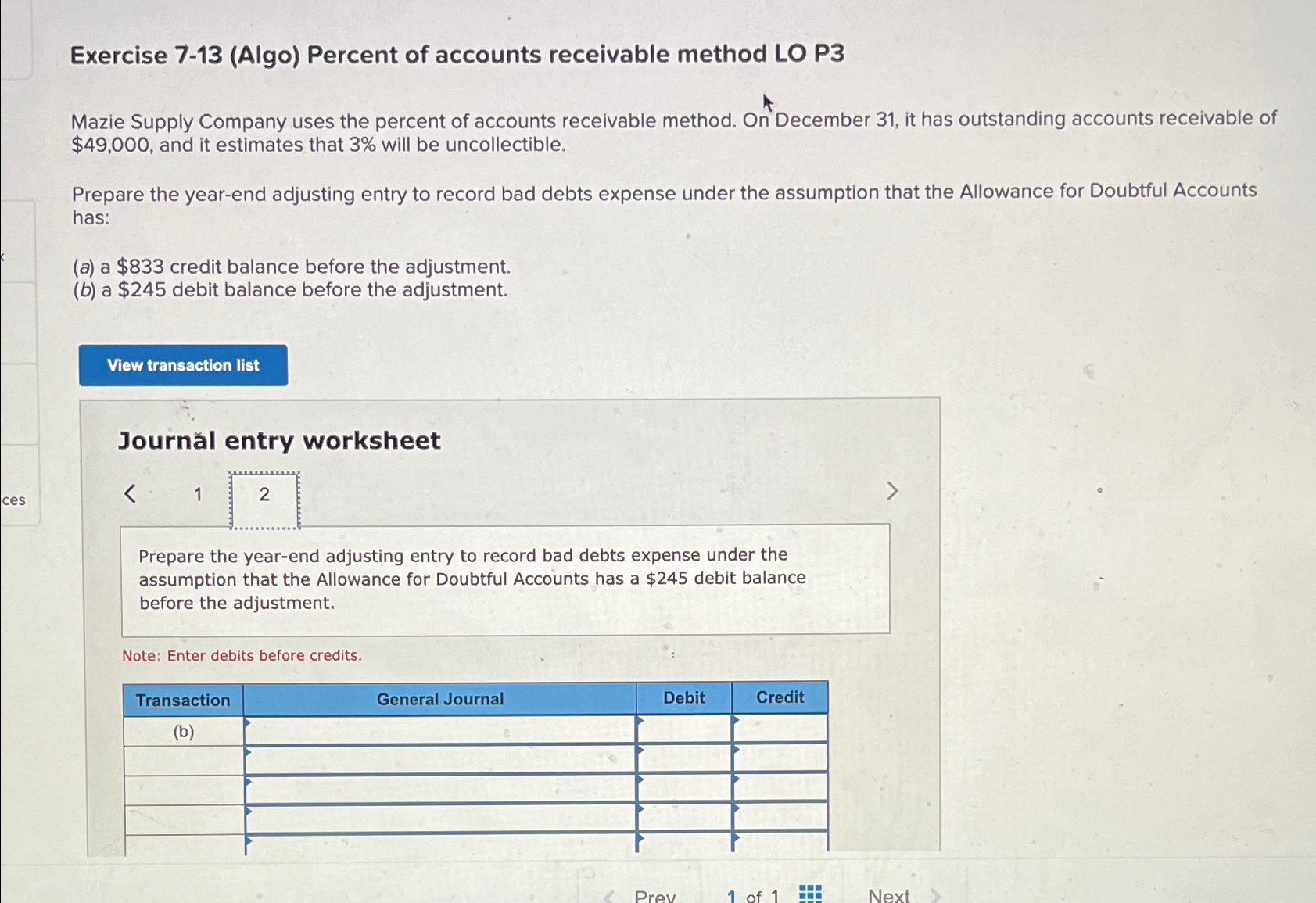 Solved Exercise 7-13 (Algo) ﻿Percent of accounts receivable | Chegg.com