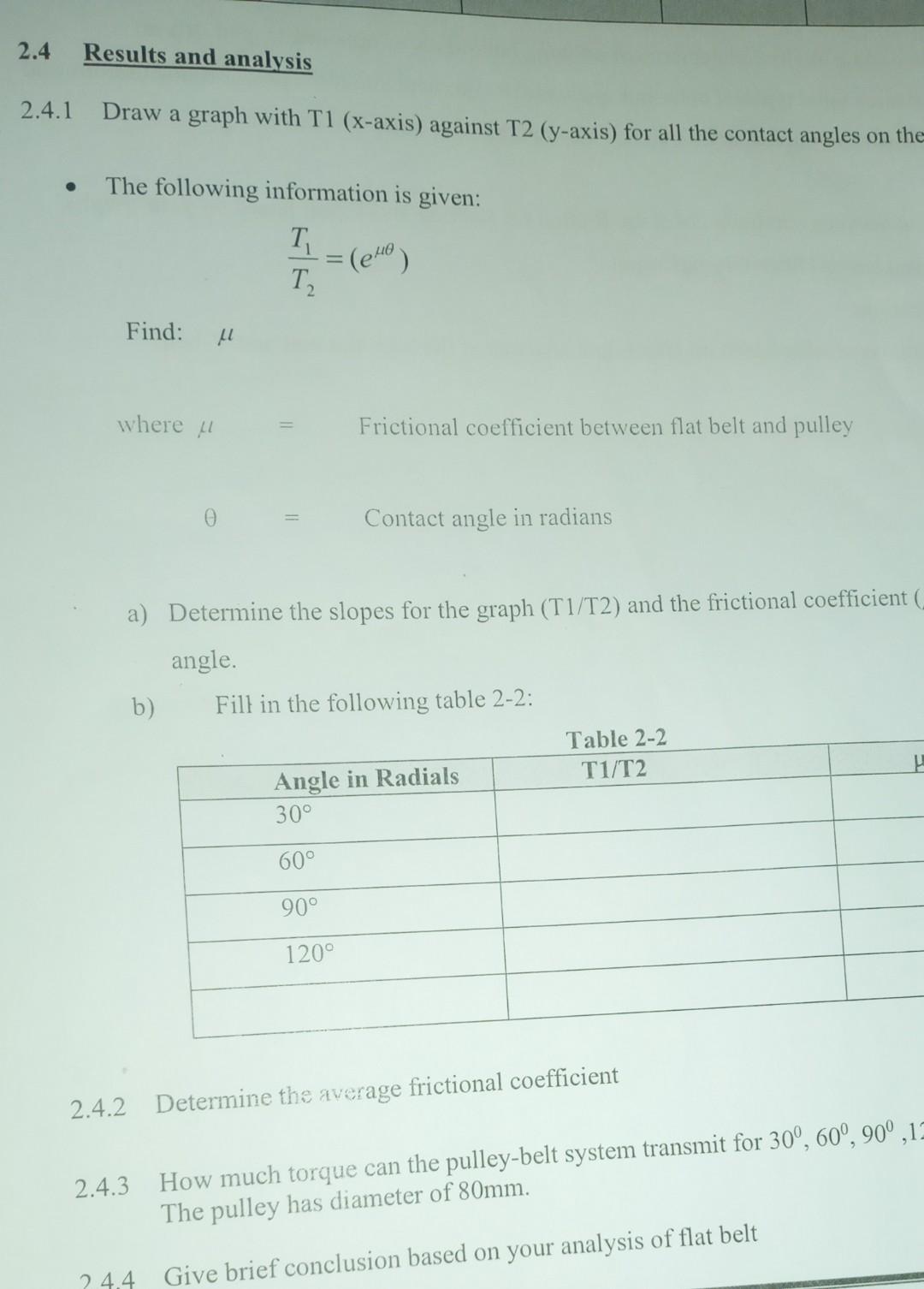 Solved 2.4.1 Draw a graph with T1 ( x-axis) against T2 ( | Chegg.com