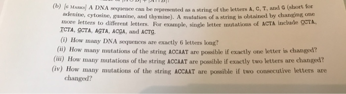 Solved (b) [o Marss) A DNA sequence can be represented as a | Chegg.com