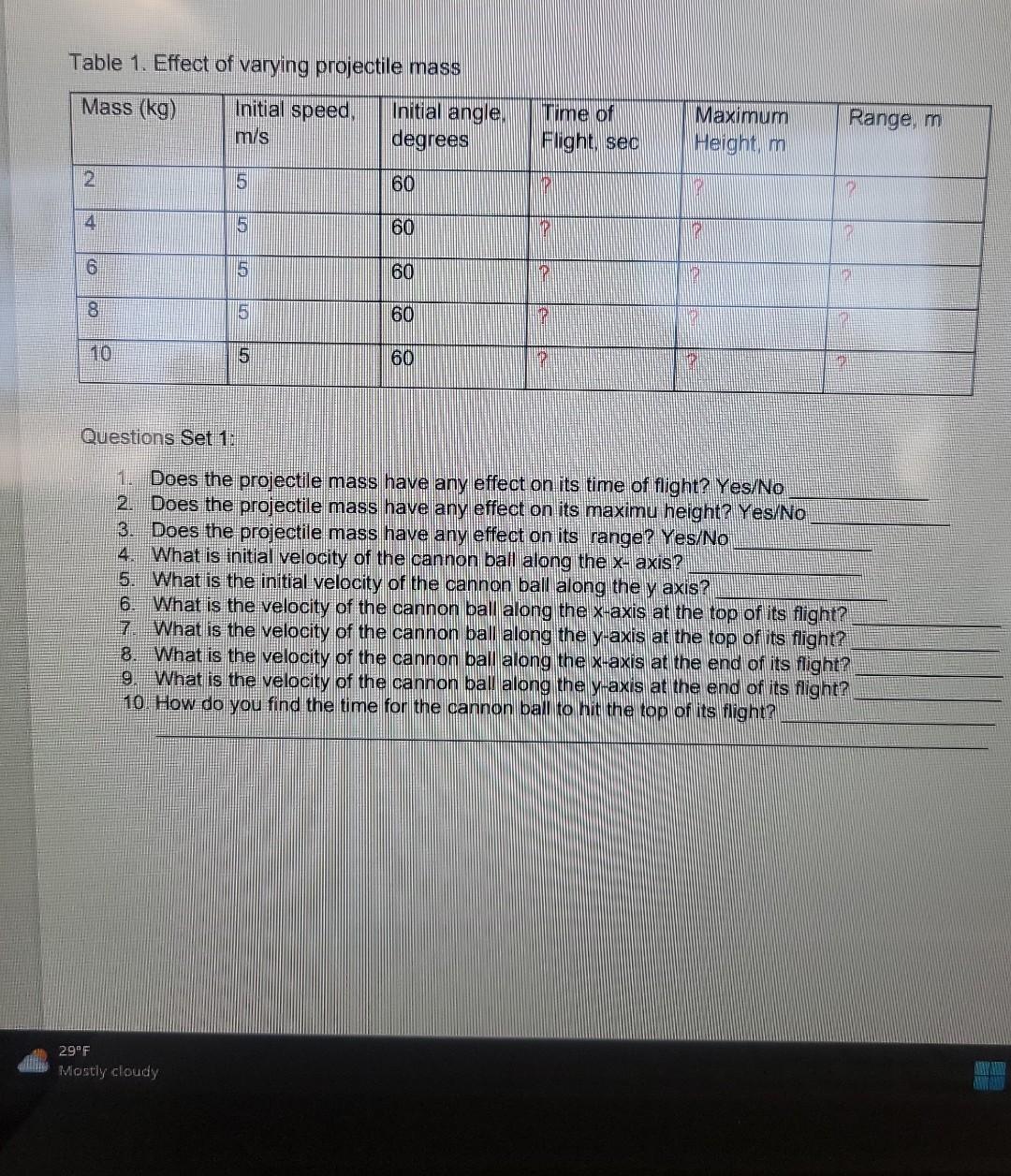 Solved Table 1. Effect of varying projectile mass Questions | Chegg.com