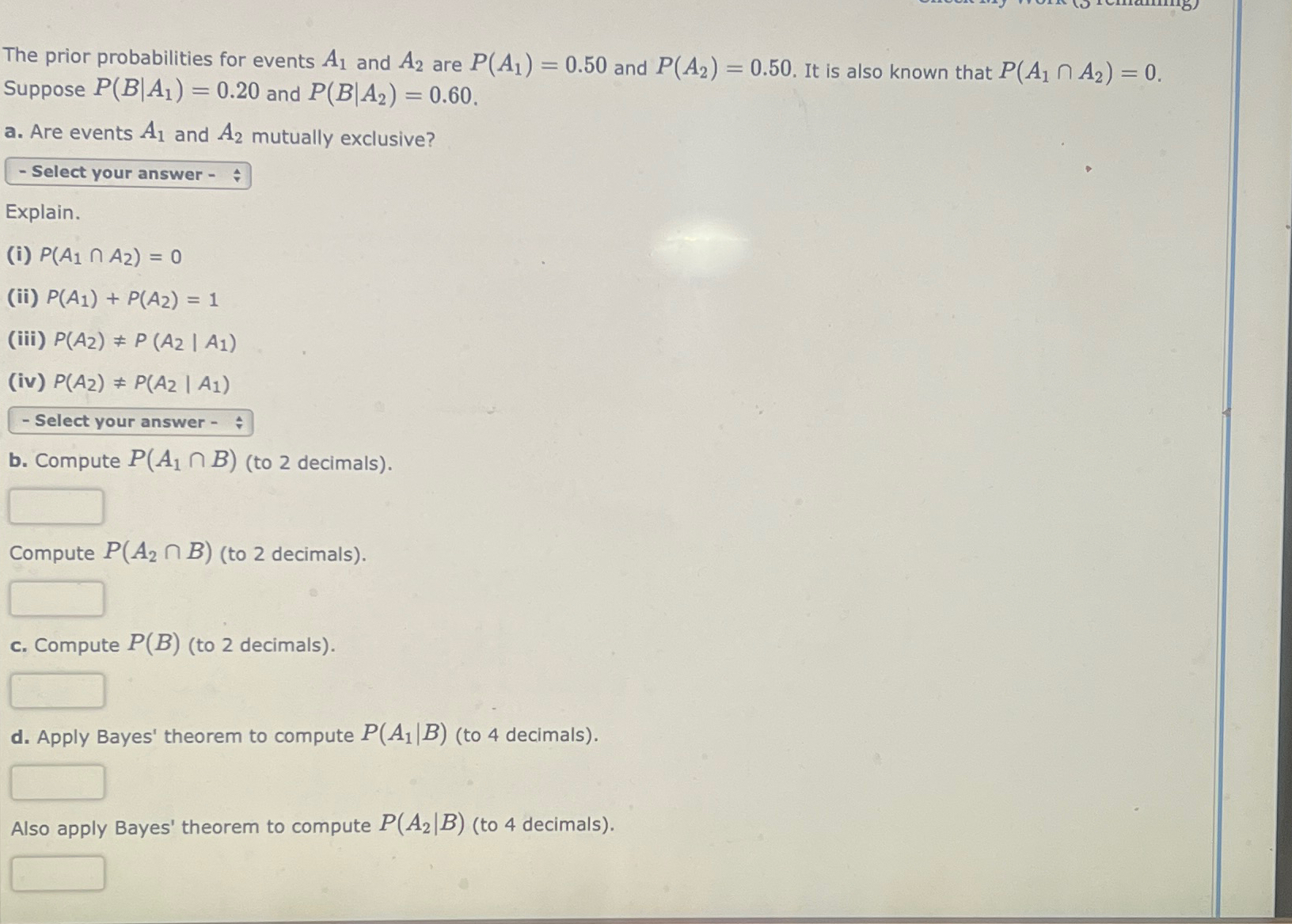 Solved The prior probabilities for events A1 ﻿and A2 ﻿are | Chegg.com