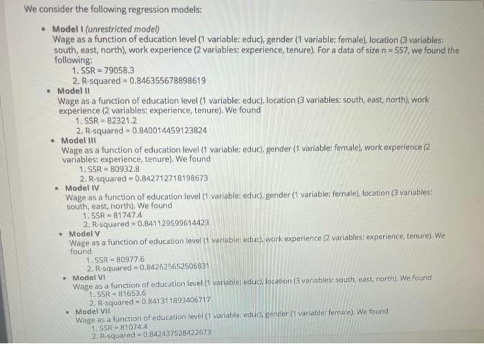 Solved We consider the following regression models: . Model | Chegg.com