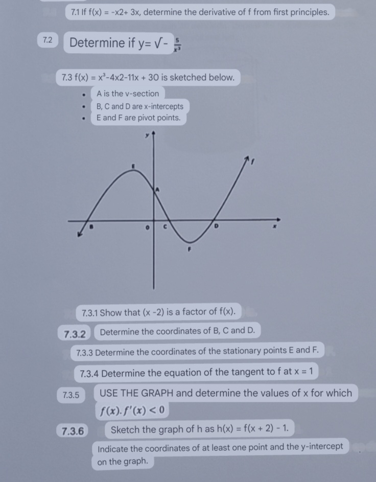 Solved 7.1 ﻿If f(x)=-x2+3x, ﻿determine the derivative of f | Chegg.com
