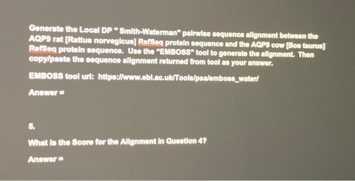 Fill the following Matrix using the Needleman/Wunsch | Chegg.com