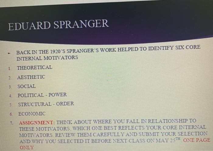 Solved EDUARD SPRANGER BACK IN THE 1920'S SPRANGER'S WORK | Chegg.com