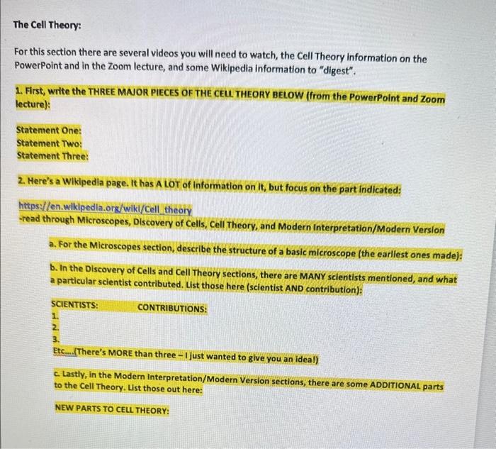Solved The Cell Theory: For this section there are several | Chegg.com