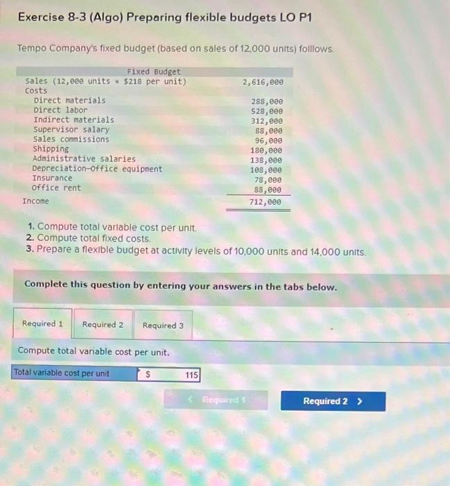 Solved Exercise 8-3 (Algo) Preparing flexible budgets LO P1 | Chegg.com