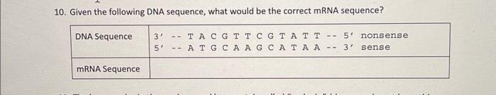 Solved 10. Given the following DNA sequence, what would be | Chegg.com