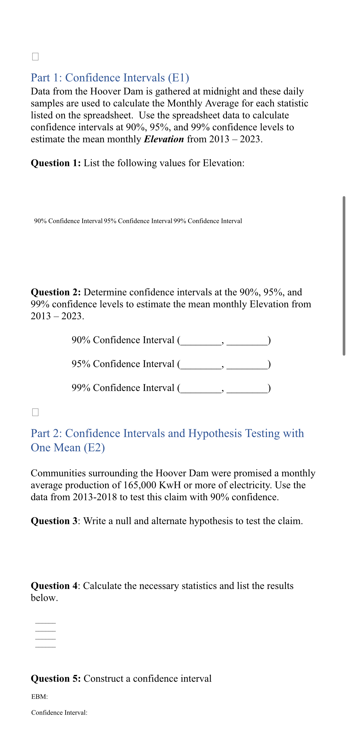 Part 1: Confidence Intervals (E1)Data from the Hoover | Chegg.com