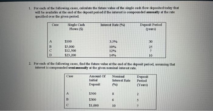 Solved 1. For each of the following cases, calcul ate the | Chegg.com