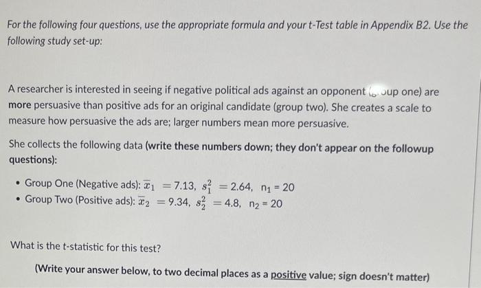 Solved For the following four questions, use the appropriate | Chegg.com