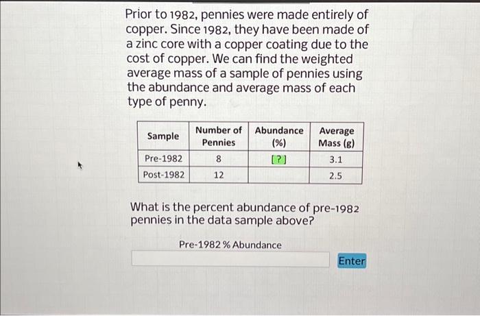 Solved Prior to 1982, pennies were made entirely of copper. | Chegg.com
