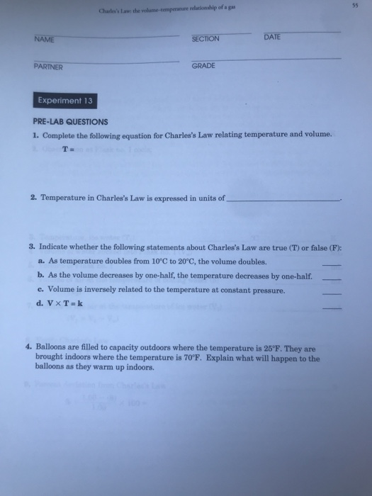 Solved Charles's law the volume temperature relationship of | Chegg.com