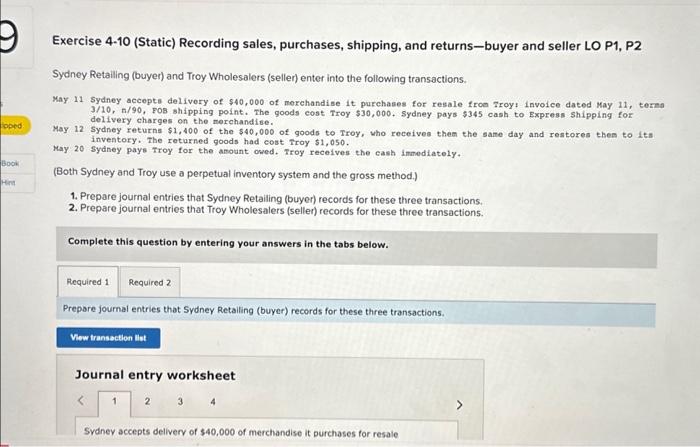 Solved kipped Book Hint Exercise 4-10 (Static) Recording | Chegg.com