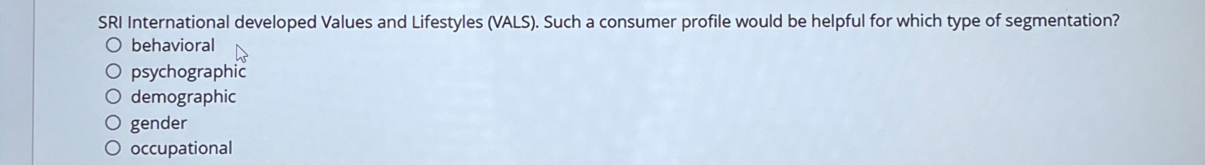 Solved SRI International developed Values and Lifestyles | Chegg.com