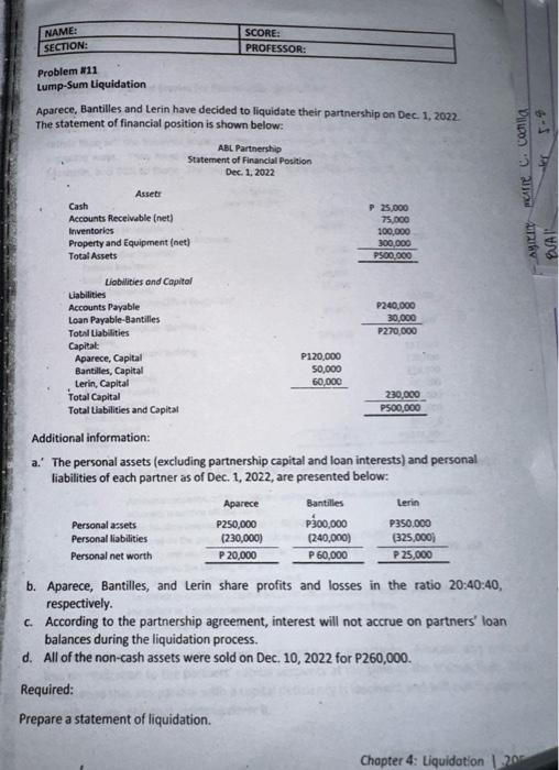 Solved Problem 111 tump-Sum Liquidation Aparece, Bantilles | Chegg.com