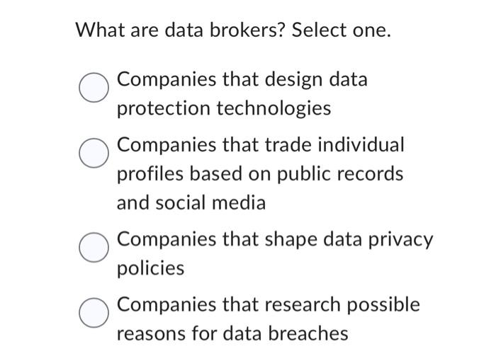 Solved What are data brokers? Select one. Companies that | Chegg.com