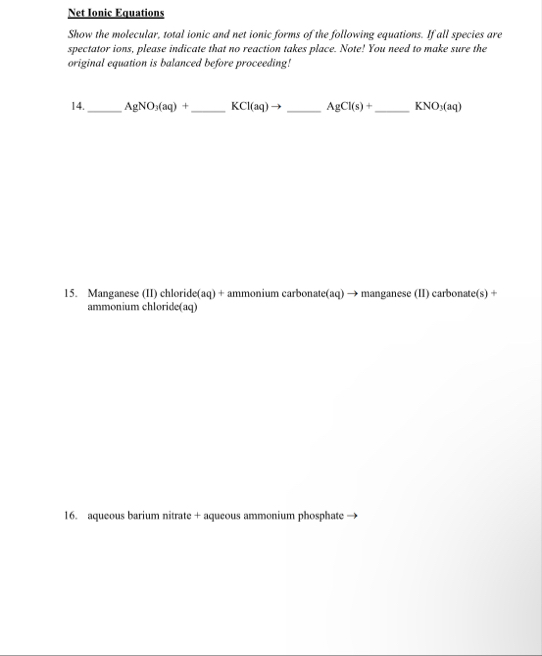 Solved Net Ionic EquationsShow the molecular, total ionic | Chegg.com