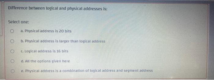 Solved Difference between logical and physical addresses is: | Chegg.com