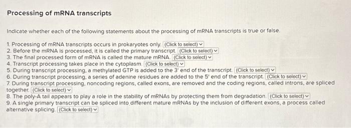 Solved Processing of mRNA transcripts Indicate whether each | Chegg.com