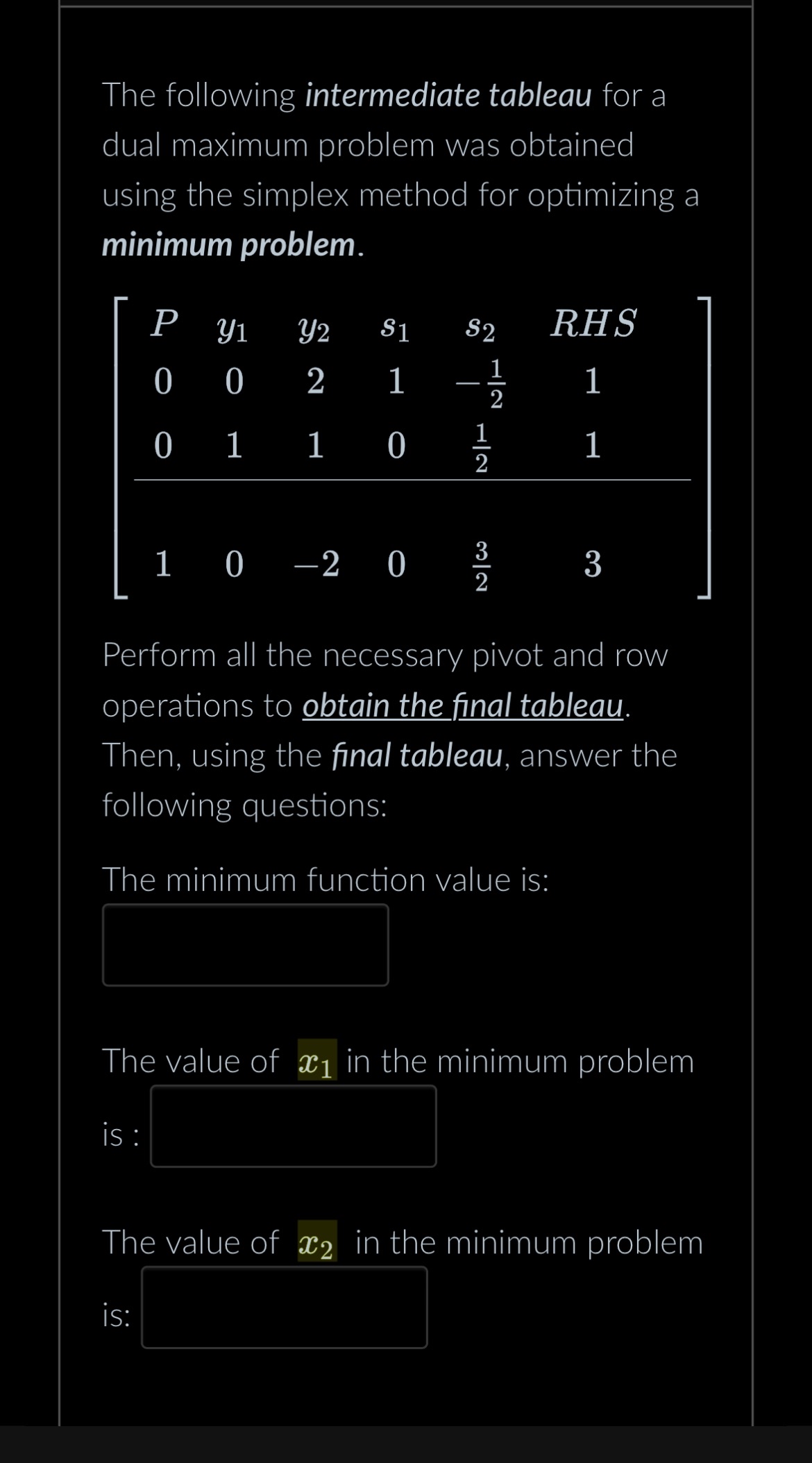 The following intermediate tableau for a dual maximum | Chegg.com