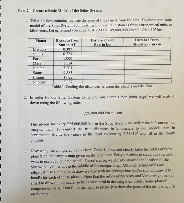 Solved irt 2 - Create a Scale Model of the Solar System 1. | Chegg.com