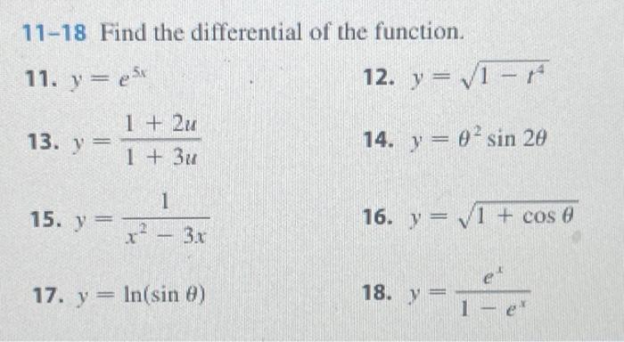 Solved 11 18 Find The Differential Of The Function 11 6882