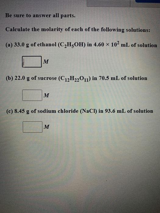 Solved Be sure to answer all parts. Calculate the molarity | Chegg.com