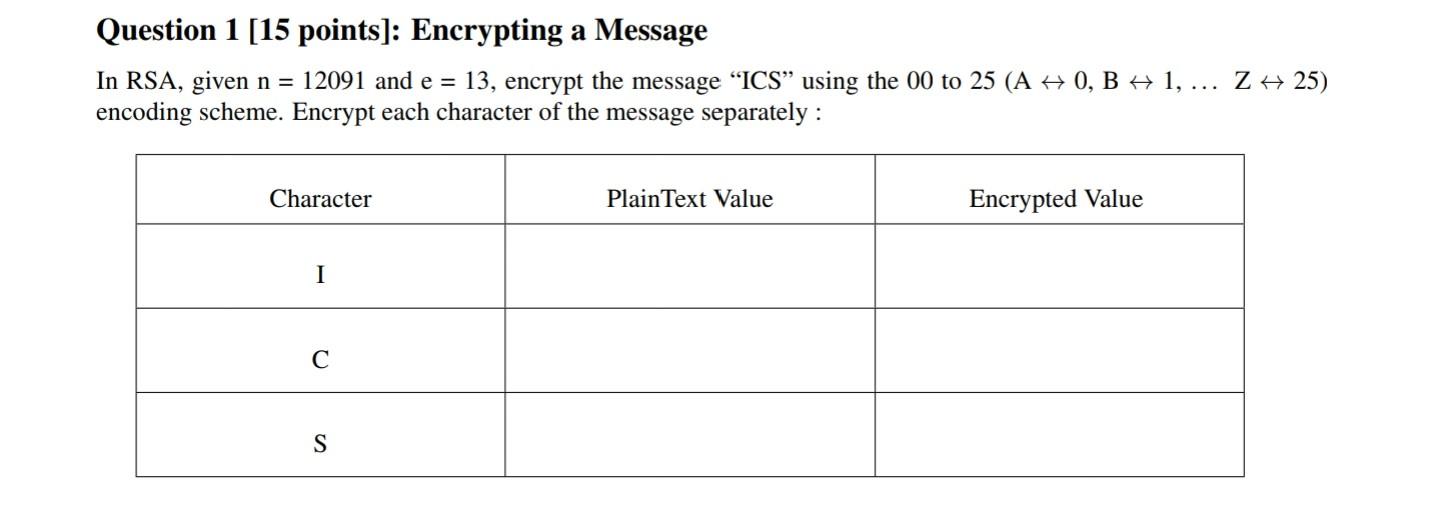 Solved Question 1 [15 points]: Encrypting a Message In RSA, | Chegg.com