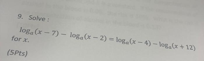 Solved loga(x−7)−loga(x−2)=loga(x−4)−loga(x+12) for x. | Chegg.com