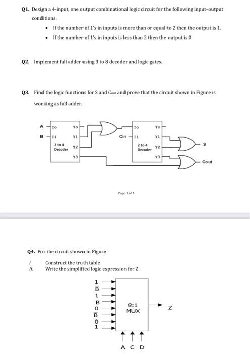 Solved Q1 Design A 4 Input One Output Combinational Logic 2730