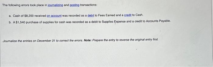 Solved The following errors took place in journalizing and | Chegg.com
