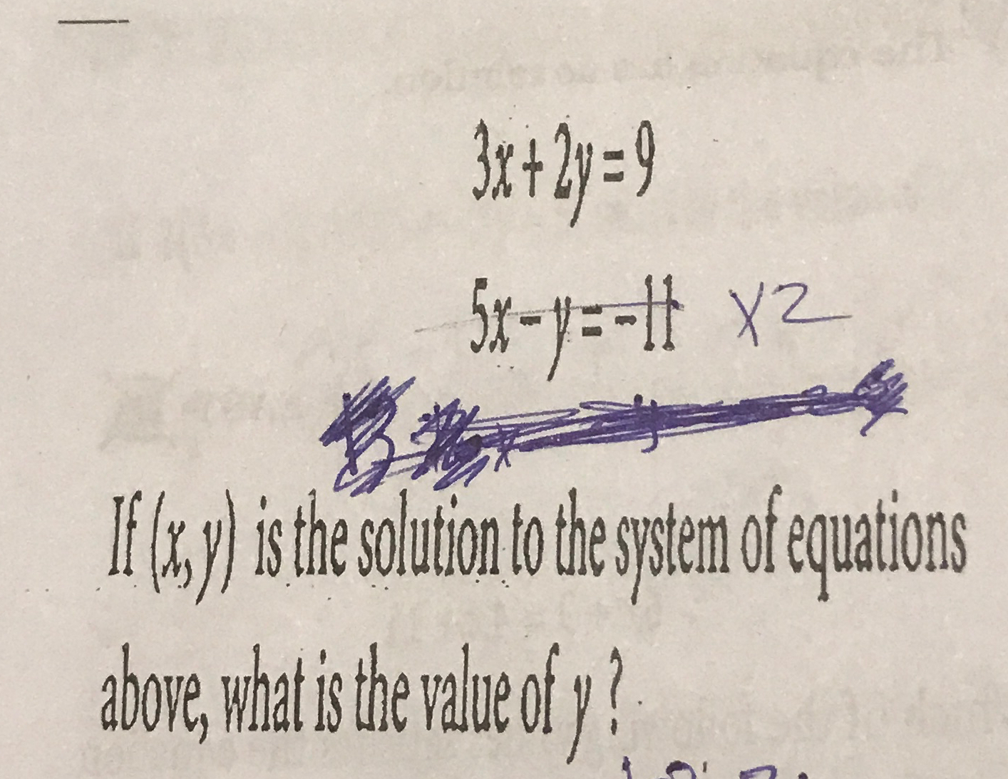 Solved 3x+2y=95x-y=-11×2If (x,y) ﻿is the solution to the | Chegg.com