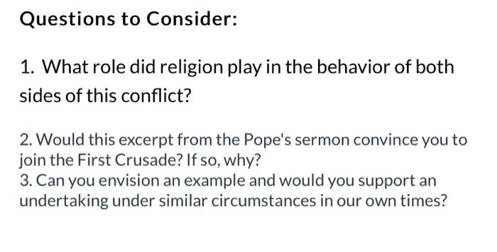 Questions to Consider: 1. What role did religion play | Chegg.com