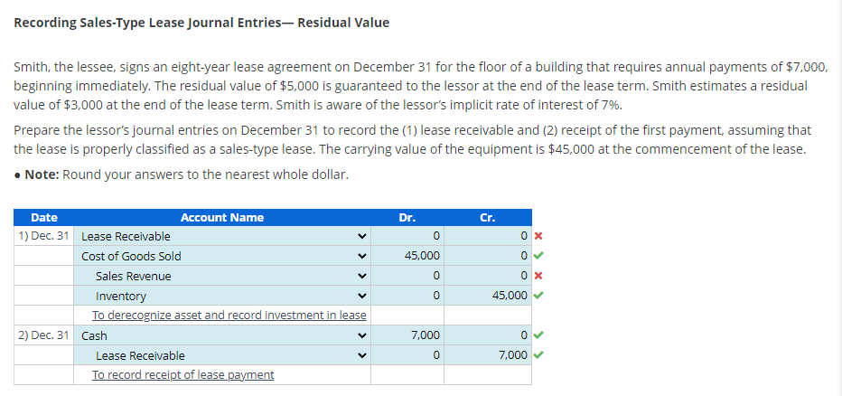 Solved Recording Sales-Type Lease Journal Entries- ﻿Residual | Chegg.com