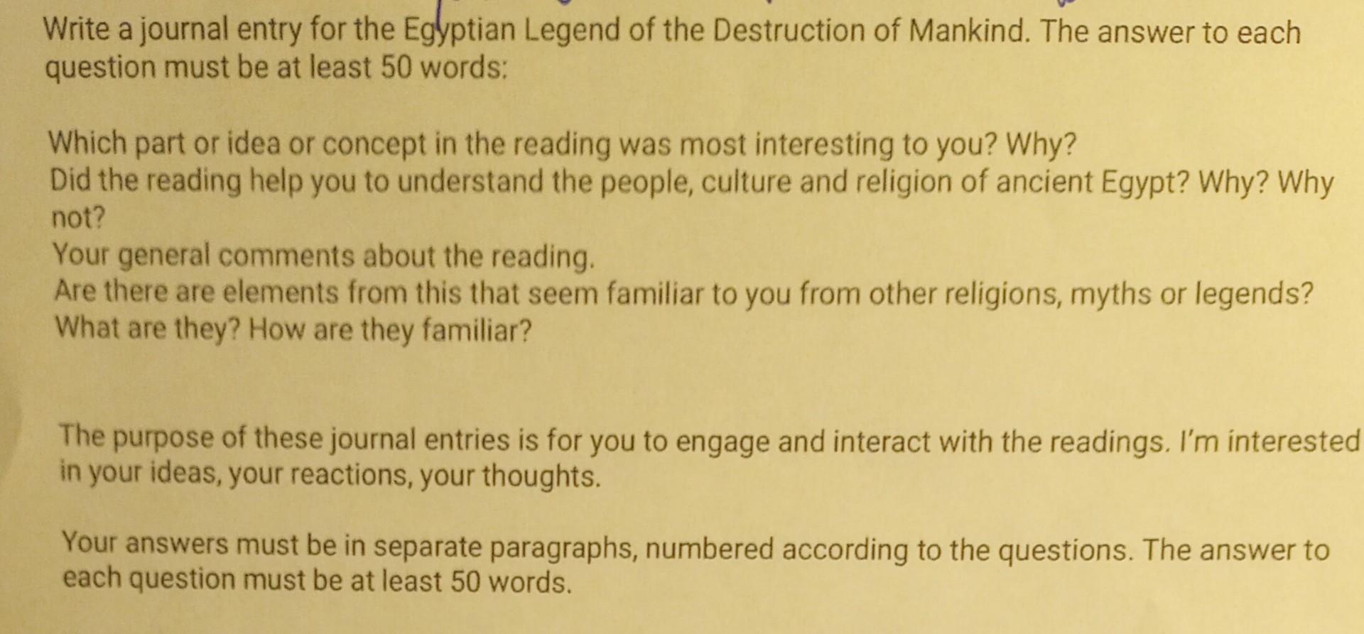 Write a journal entry for the Egyptian Legend of the | Chegg.com