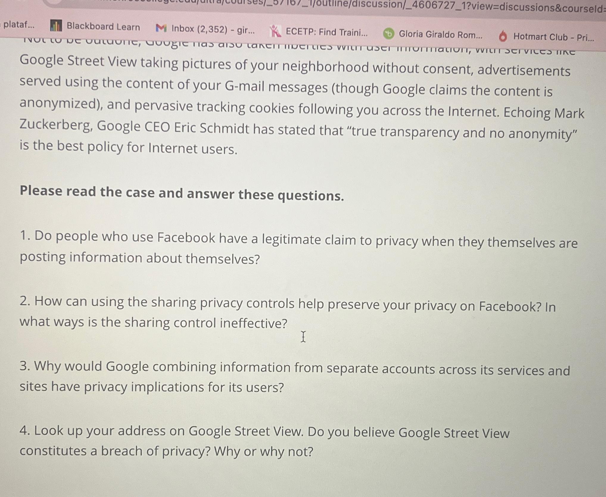 Solved plataf...Blackboard LearnInbox (2,352) - | Chegg.com