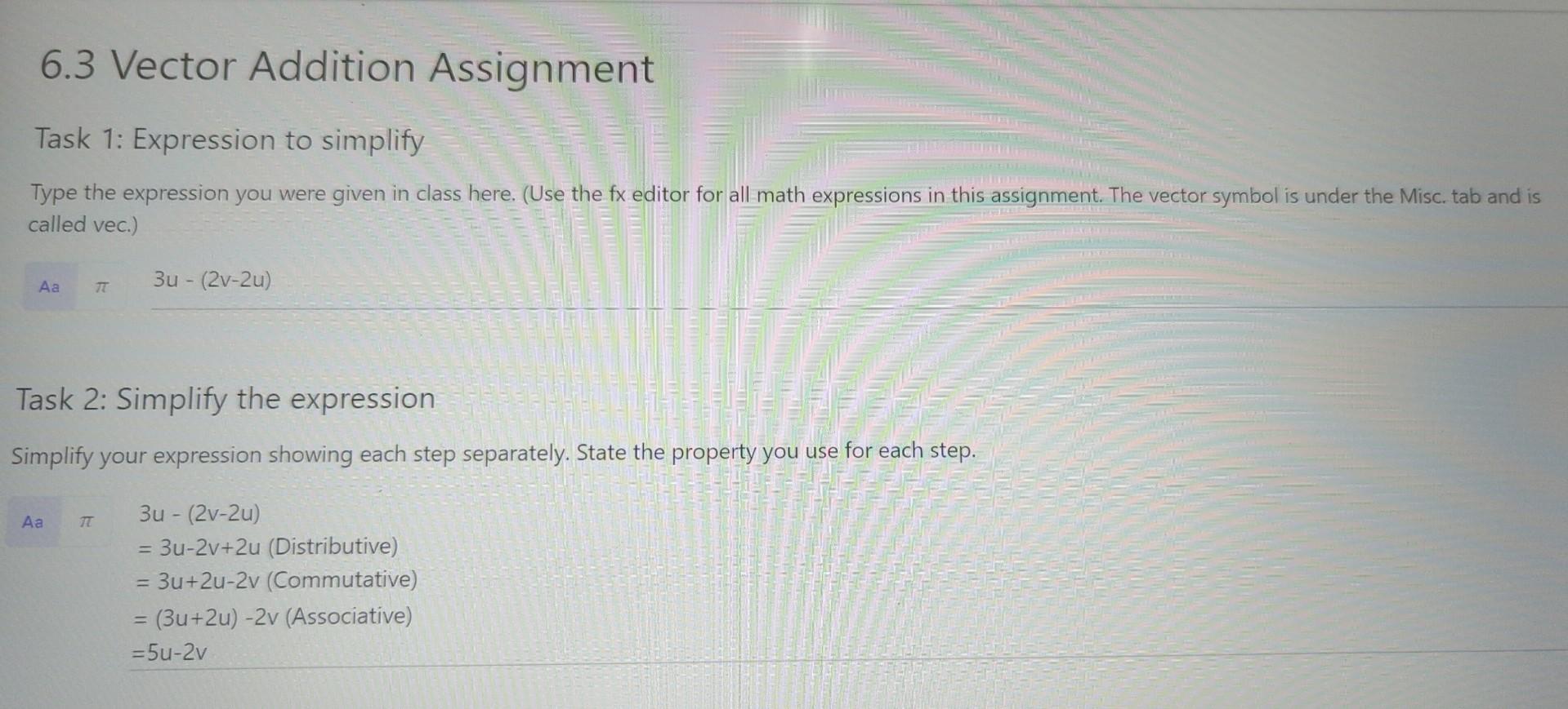 Solved 6.3 Vector Addition Assignment Task 1: Expression to | Chegg.com