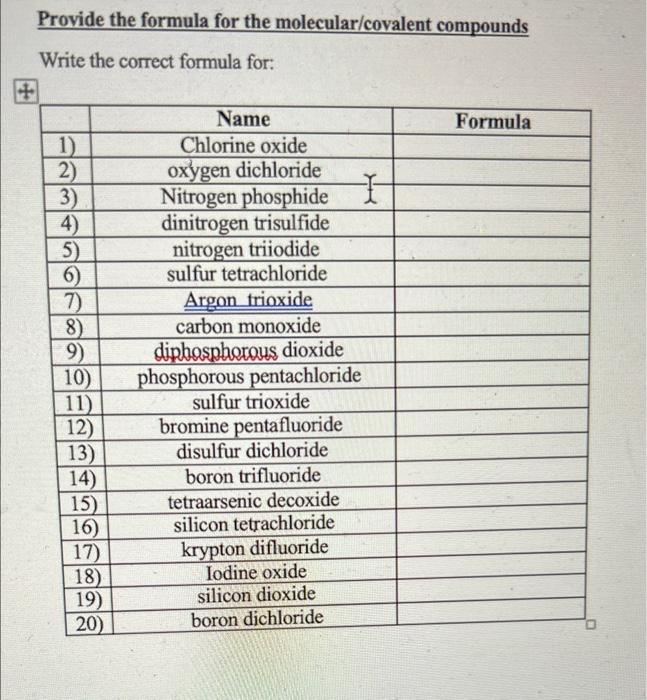 Solved Provide the formula for the molecular/covalent | Chegg.com