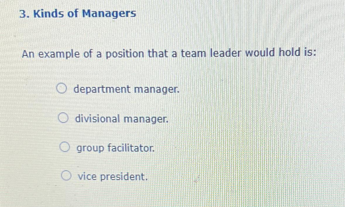 Solved Kinds of ManagersAn example of a position that a team | Chegg.com