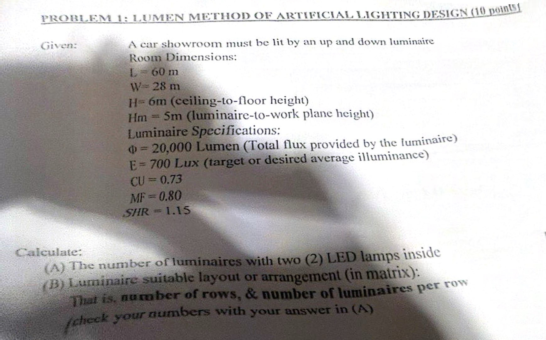 Solved PRORLEM 1: LUMEN METHOD OF ARTIFICIAL LIGHTING DESIGN | Chegg.com