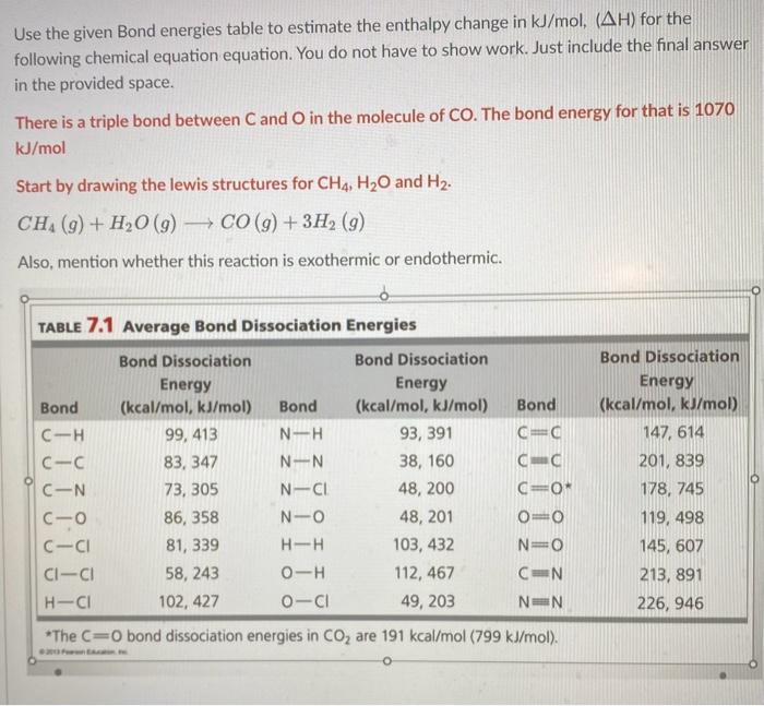 Solved Use the given Bond energies table to estimate the | Chegg.com