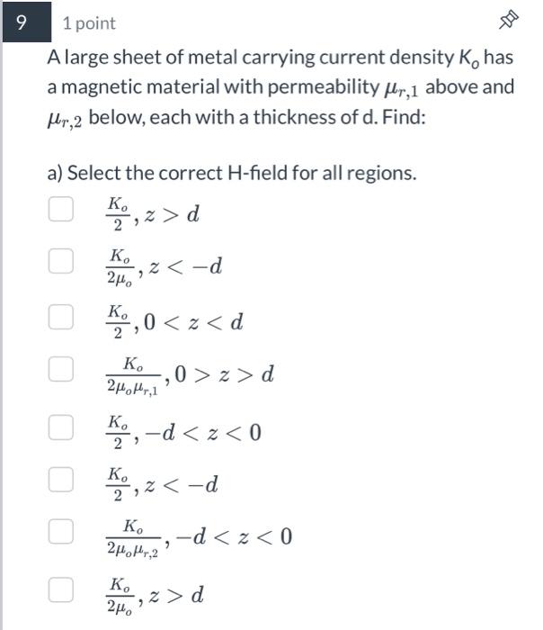 Solved 1 point A large sheet of metal carrying current | Chegg.com