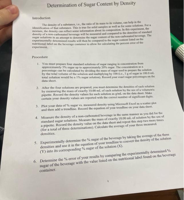 Solved Determination of Sugar Content by Density | Chegg.com