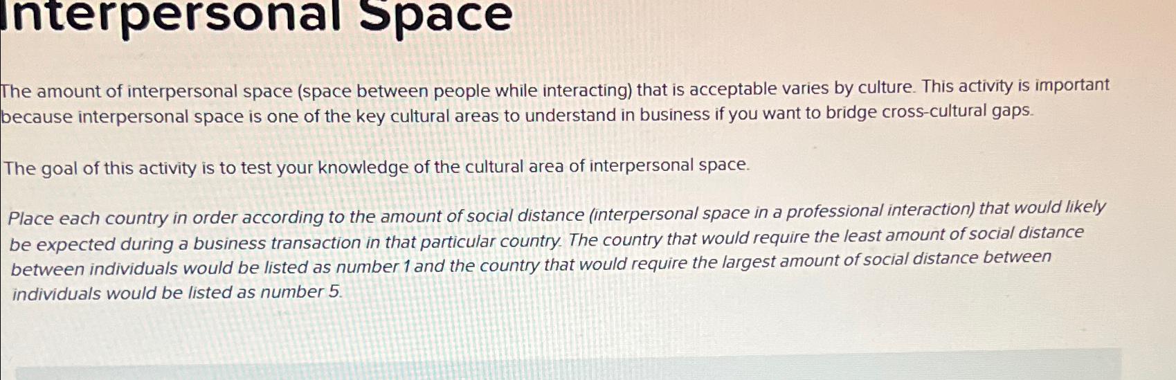 Solved nterpersonal spaceThe amount of interpersonal space | Chegg.com